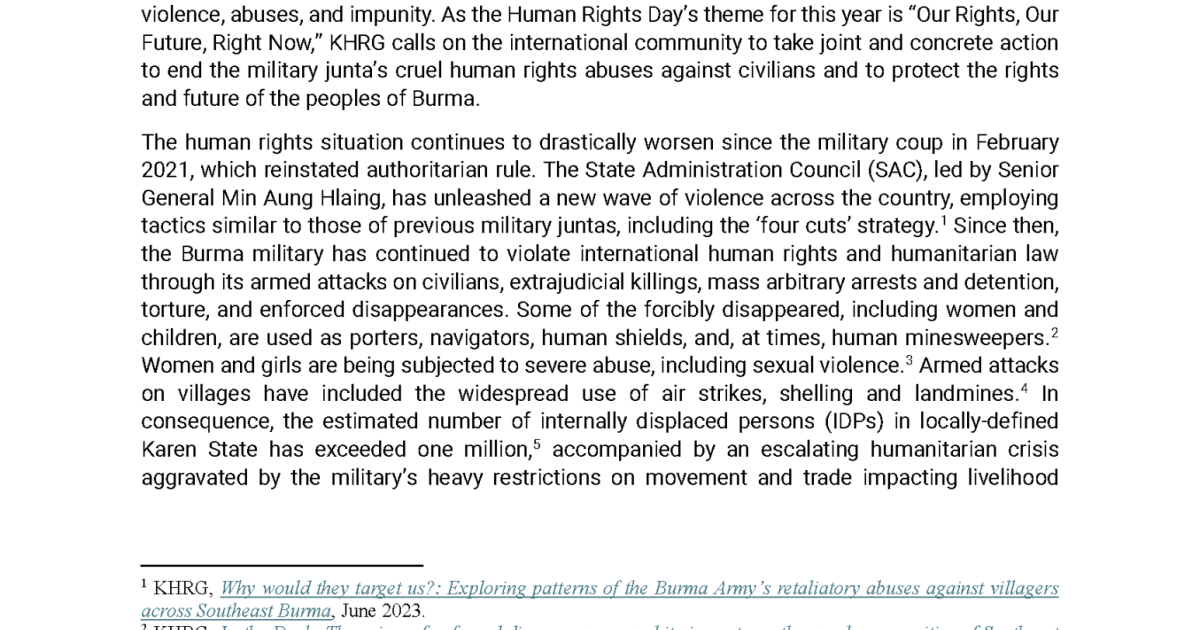Statement on International Human Rights Day 2024 | Karen Human Rights Group